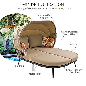EOVTK Patio Daybed Double Chaise Lounge with Retractable Canopy, Cushions and Metal Frame, Outdoor PE Wicker Back Loveseat Sofa Set for Backyard, Poolside, Garden, Brown