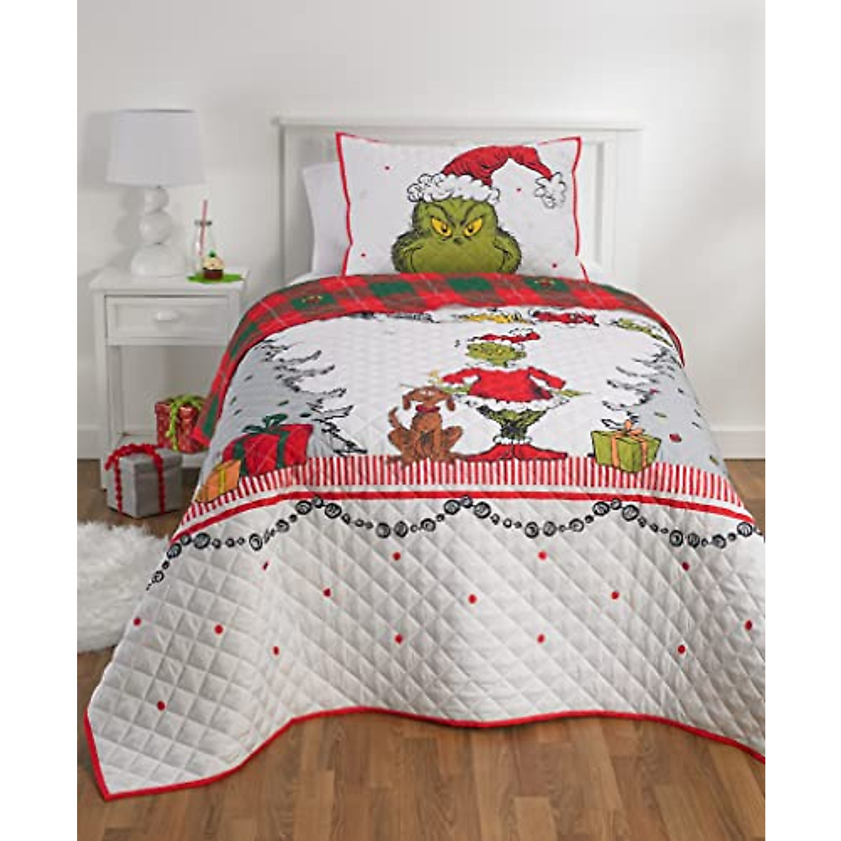 Franco Grinch by Dr. Seuss Holiday Bedding Super Soft Pillow Sham and Quilt Set, Full/Queen Size 76" x 86", (Official Dr. Seuss Product)
