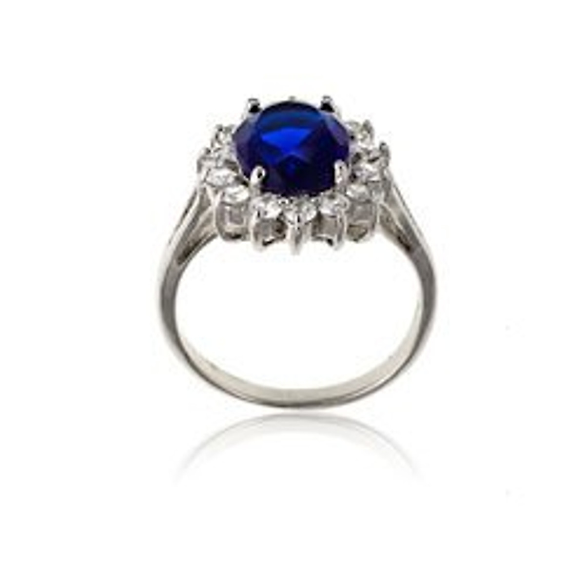 Sterling Silver Oval Blue Sapphire and CZ Princess Diana/Kate Middleton Ring