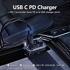 Bluetooth FM Transmitter - RAXFLY Bluetooth Car Adapter Transmitter FM Audio Receiver Dual USB PD Type C Car Charger Support TF Card and U-Disk Compatible for iPhone 11 Samsung S20 All Smartphones