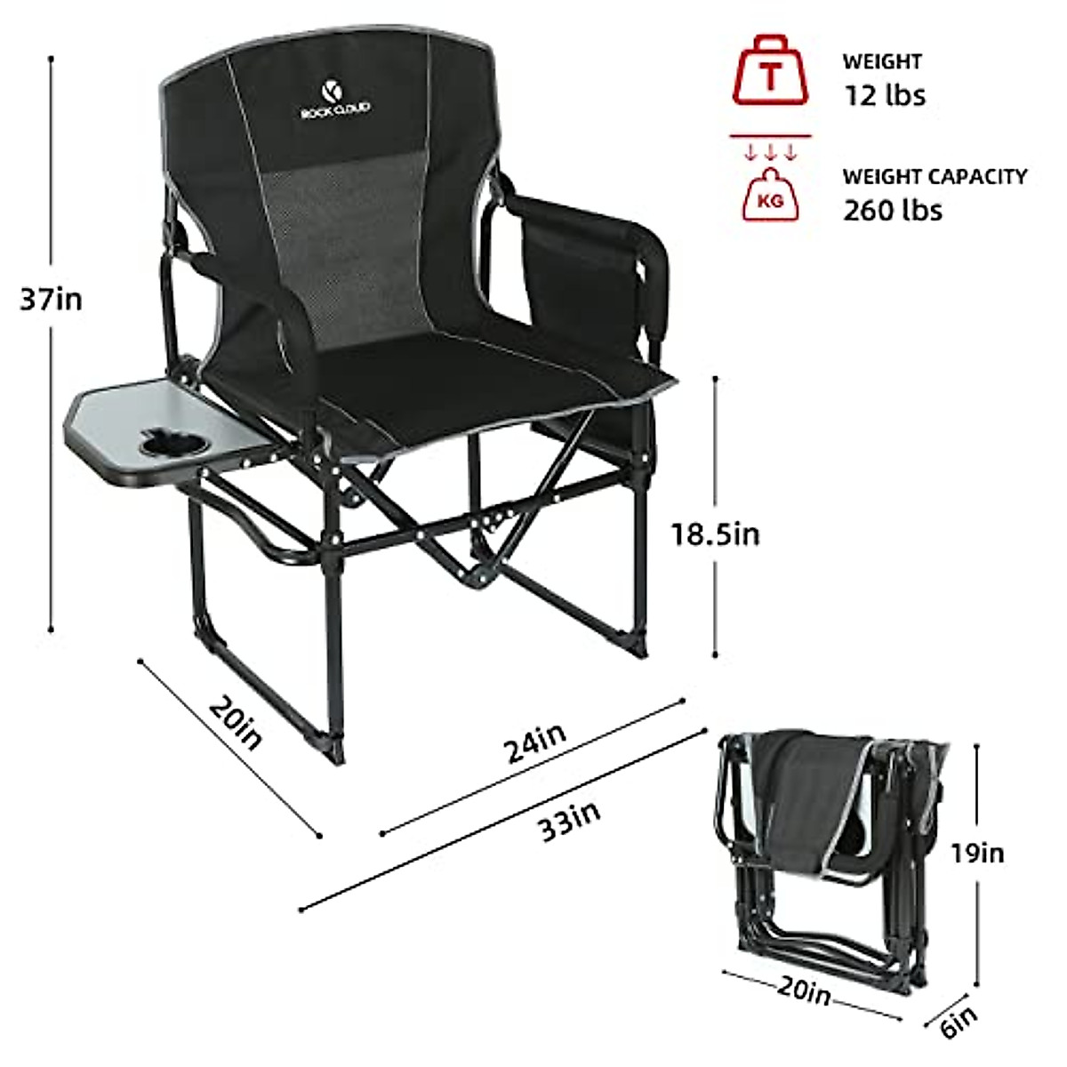 ROCK CLOUD Folding Camping Chair with Storage Pocket and Side Table Compact Portable Camp Chairs Outdoor for Camp Lawn Hiking Fishing Sports Black