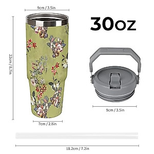 GemGam Stainless Steel Tumbler with Lid And Straw 30 Oz Top Handle Vintage Summer Flower Green Leakproof Vacuum Insulated Water Bottle for Car Travel Tropical