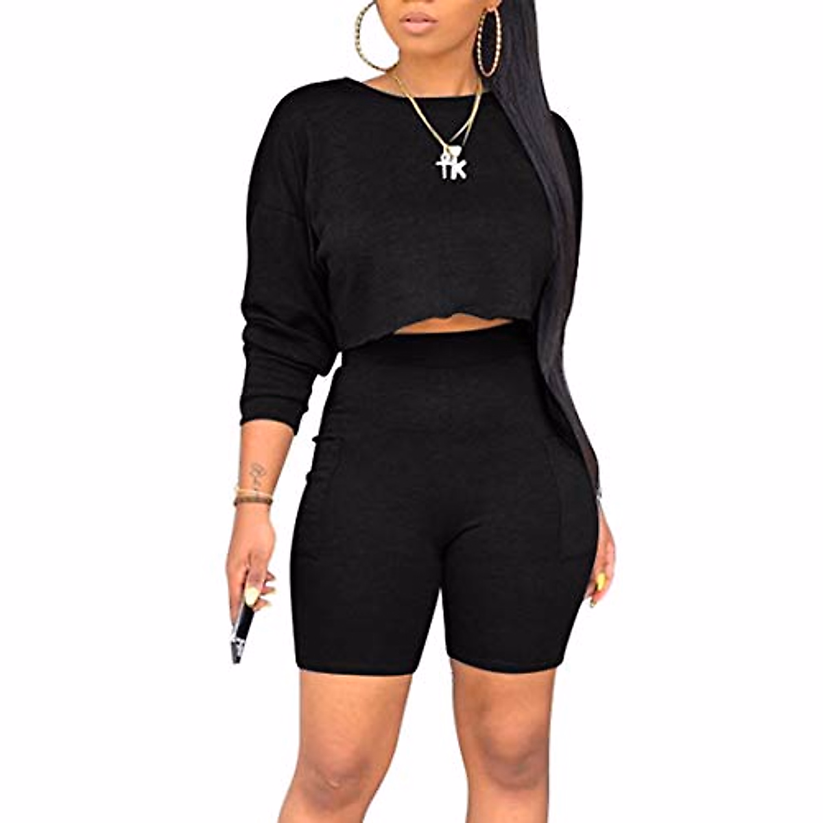 cailami Women's Summer 2 Piece Outfits Workout High Waist Biker Shorts Sets with Pockets, X-Large, Black