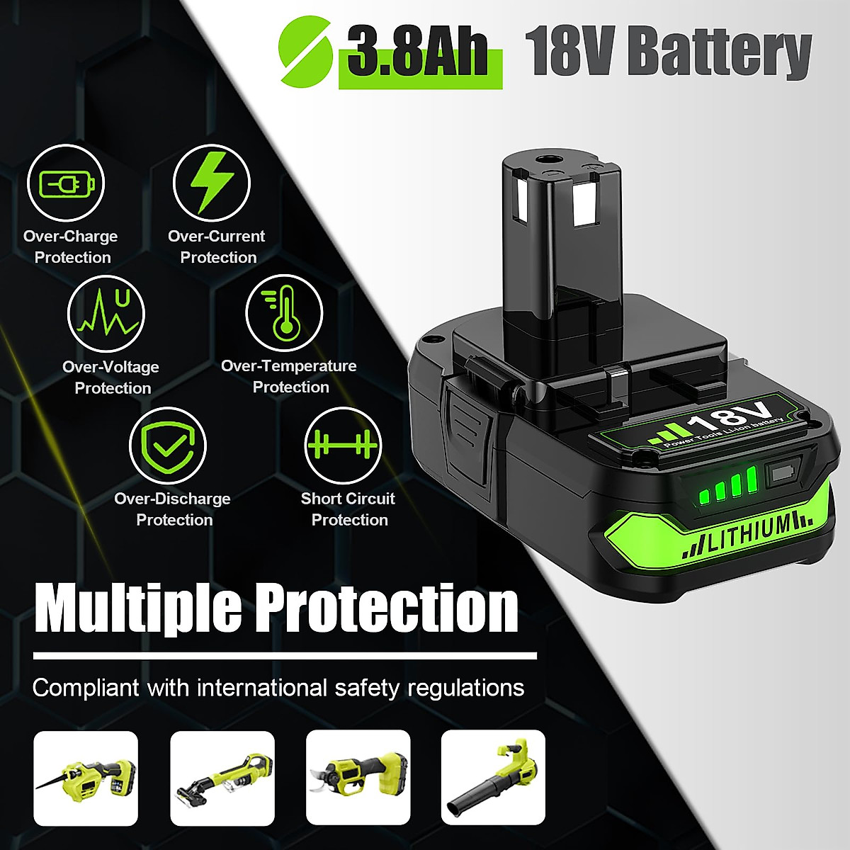 Upgraded Model 2Pack 3800mAh Replacement for Ryobi 18V Battery Lithium Compatible with Ryobi 18 Volt Battery ONE+ Plus P102 P103 P104 P105 P107 P108 P109 Cordless Power Tools