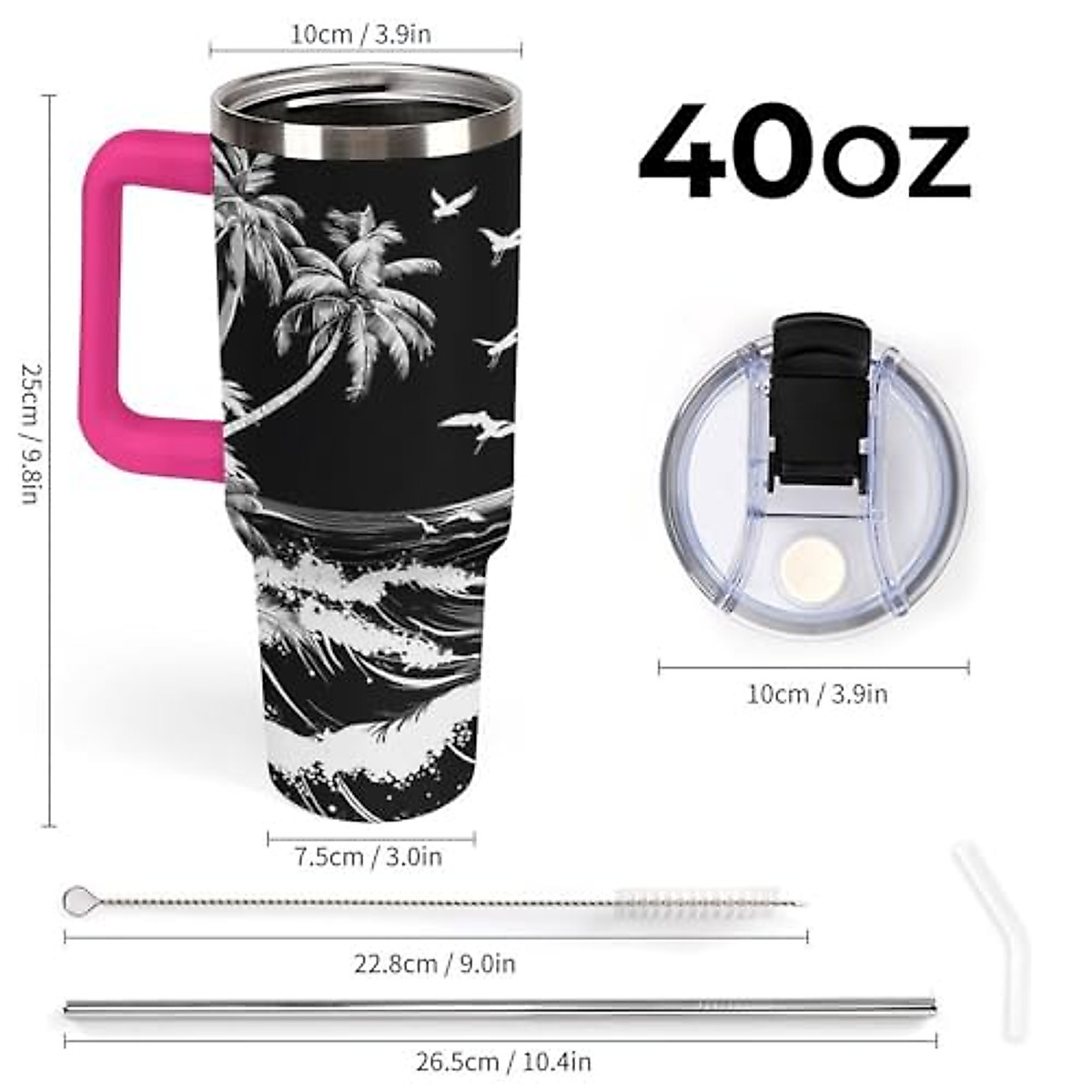 Palm Tree Black 40 Oz Tumbler Insulated Stainless Steel Water Bottle Travel Mug Car Cup with Handle And Straw