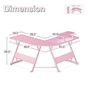 MOTPK Pink Gaming Desk with LED Lights, Carbon Fiber L Shaped Gaming Desk, Corner Gaming Table L Shape, Gamer Desk with Monitor Stand & Cup Holder & Headphone Hook, 51 Inch, for Women & Girls Gift