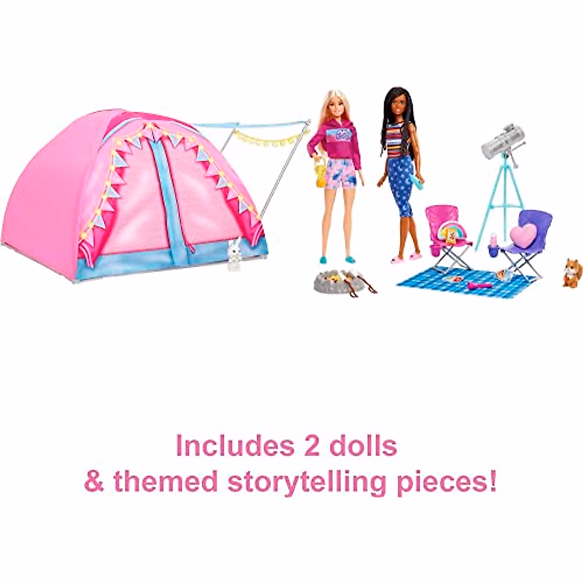 Barbie It Takes Two Dolls & 20 Accessories, Let's Go Camping Tent Playset with Brooklyn & Malibu Dolls & 2 Moving Animals