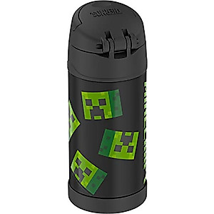 THERMOS FUNTAINER 12 Ounce Stainless Steel Vacuum Insulated Kids Straw Bottle, Dark Minecraft