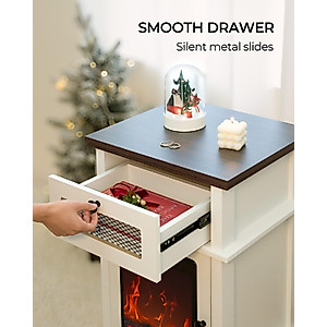 i-aplus White LED Nightstand Farmhouse Night Stand Fireplace Night Stand with Drawer LED Bedside Tables for Bedroom End Table