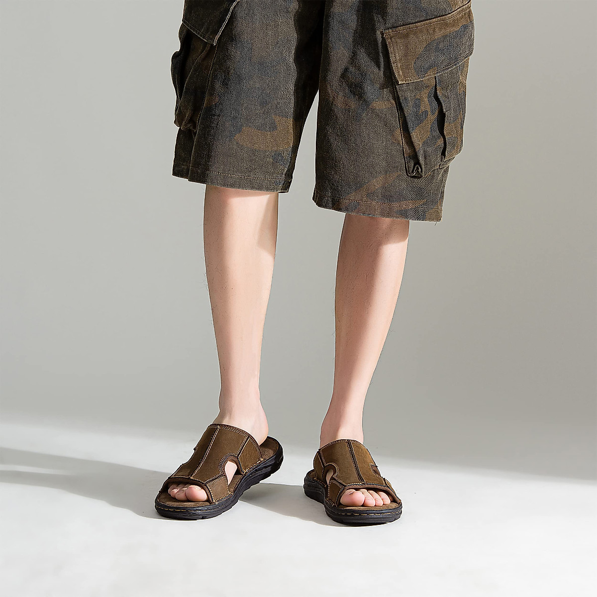 Jousen Sandals for Men Leather Slip on Mens Sandals Outdoor Men's Beach Slide Slippers(AMY2005A Dark Brown 12)