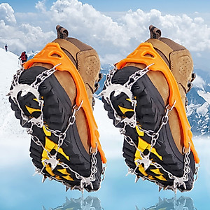NewDoar Ice Cleats Crampons Traction,19 Spikes Stainless Steel Anti Slip Ice Snow Grips for Women, Kids, Men Shoes Boots, Safe Protect for Mountaineering, Climbing, Hiking, Walking, Fishing,(Orange,M)