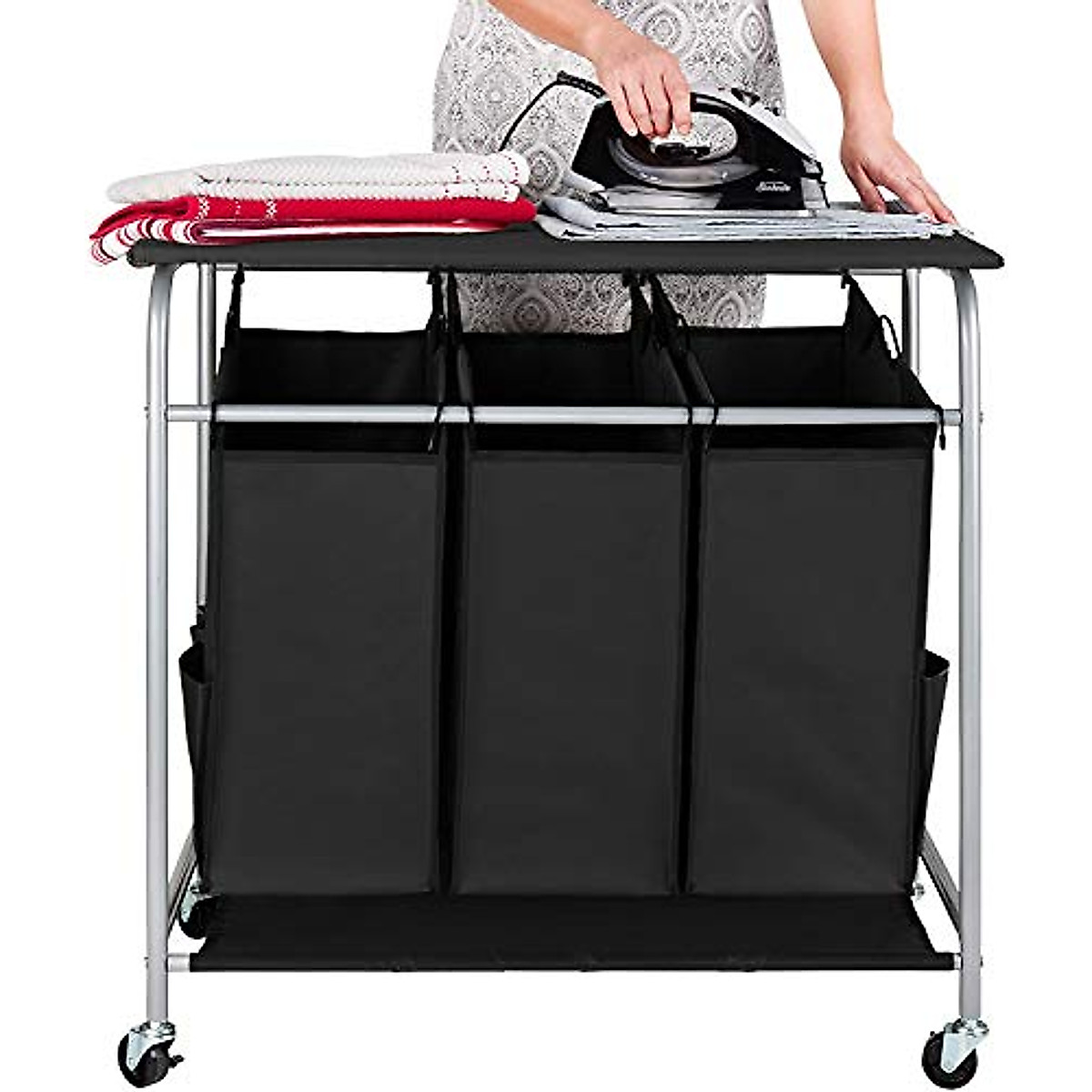 JINAMART 3 Section Laundry Sorter with Ironing board, Rolling Laundry Hamper cart, Removable Bag Sorter Basket with 4 side pockets, Laundry Organization Bins for Bedroom & Bathroom (Black)