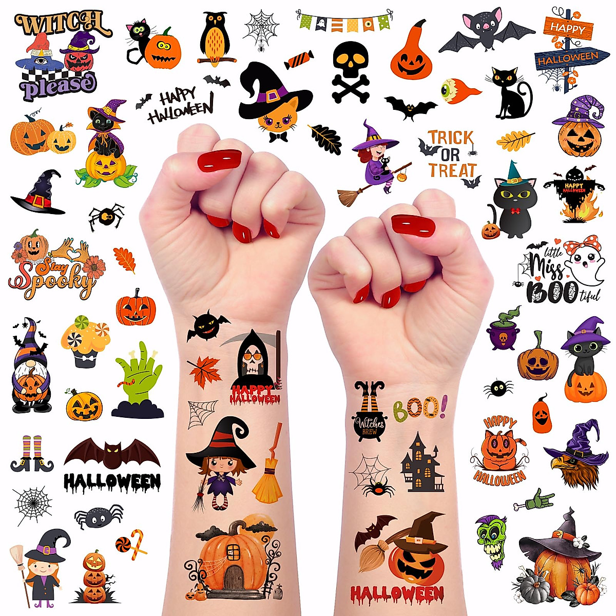 64 Pieces Halloween Temporary Tattoos For Kids Boys Girls, Halloween Party Favors, Pumpkin Black Cat Witch Bat Fake Tattoo Stickers for Halloween Decorations Treat Goodie Bag Fillers Makeup Kit
