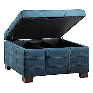 OSP Home Furnishings Detour Strap Square Storage Ottoman with Tray and Solid Wood Legs, Azure Fabric