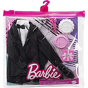 Barbie Fashion Pack: Bridal Outfit for Ken Doll with Tuxedo, Shoes, Watch, Gift, Wedding Cake with Tray & Bouquet, for Kids 3 to 8 Years Old , Black