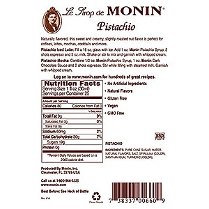 Monin - Pistachio Syrup, Rich and Roasted Pistachio Flavor, Great for Lattes, Mochas, and Dessert Cocktails, Non-GMO, Gluten-Free (750 ml)
