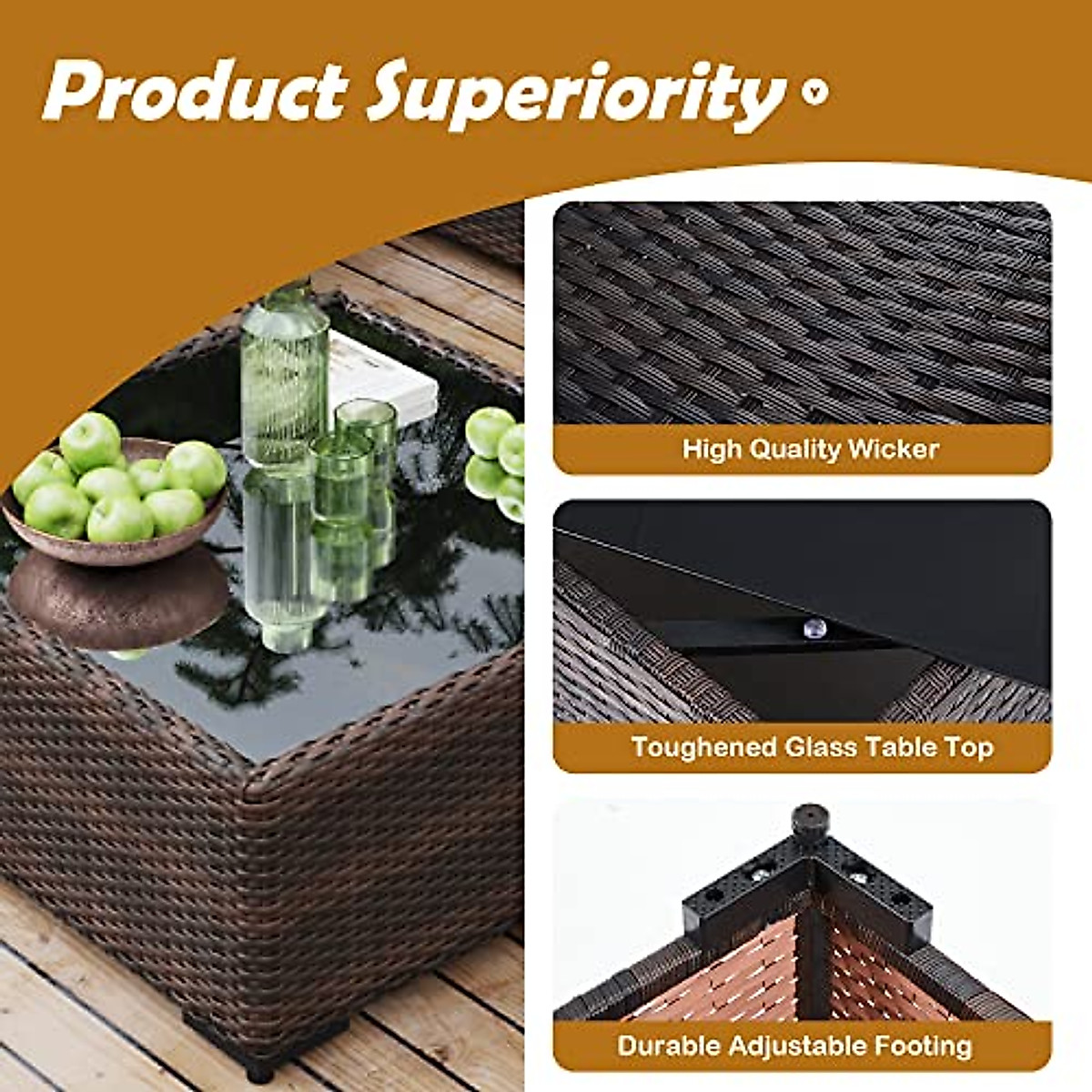 UPHA 7 Pieces Patio Furniture Set, Outdoor Sectional Brown PE Rattan Wicker Sofa Set with Cushions and Tempered Glass Coffee Table for Poolside, Lawn, Garden and Balcony