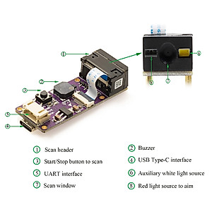 XICOOLEE Barcode Scanner Reader Module for 1D/2D Codes Reader, QR Code etc, with USB Type C and UART Interface