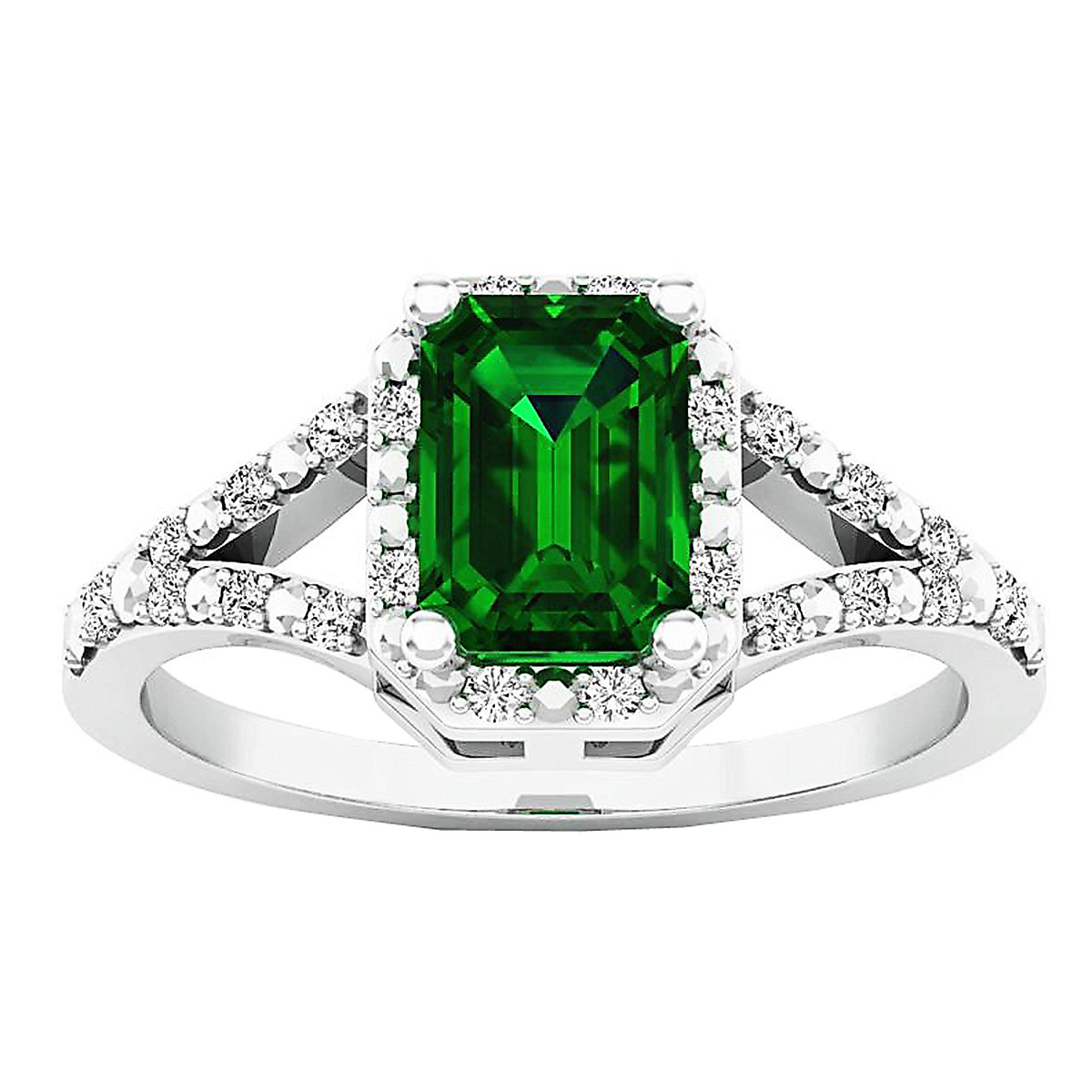Dazzlingrock Collection 7x5mm Emerald Shape Lab Created Emerald & White Diamond Split Shank Engagement Ring for Women in 925 Sterling Silver Size 5
