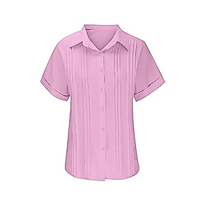 Cotton Blouse for Women 2023 Casual Women's Business Casual Clothing Loose Comfy Button Down Short Sleeve Summer Top Casual V Neck Work Collared Shirts Pink XL