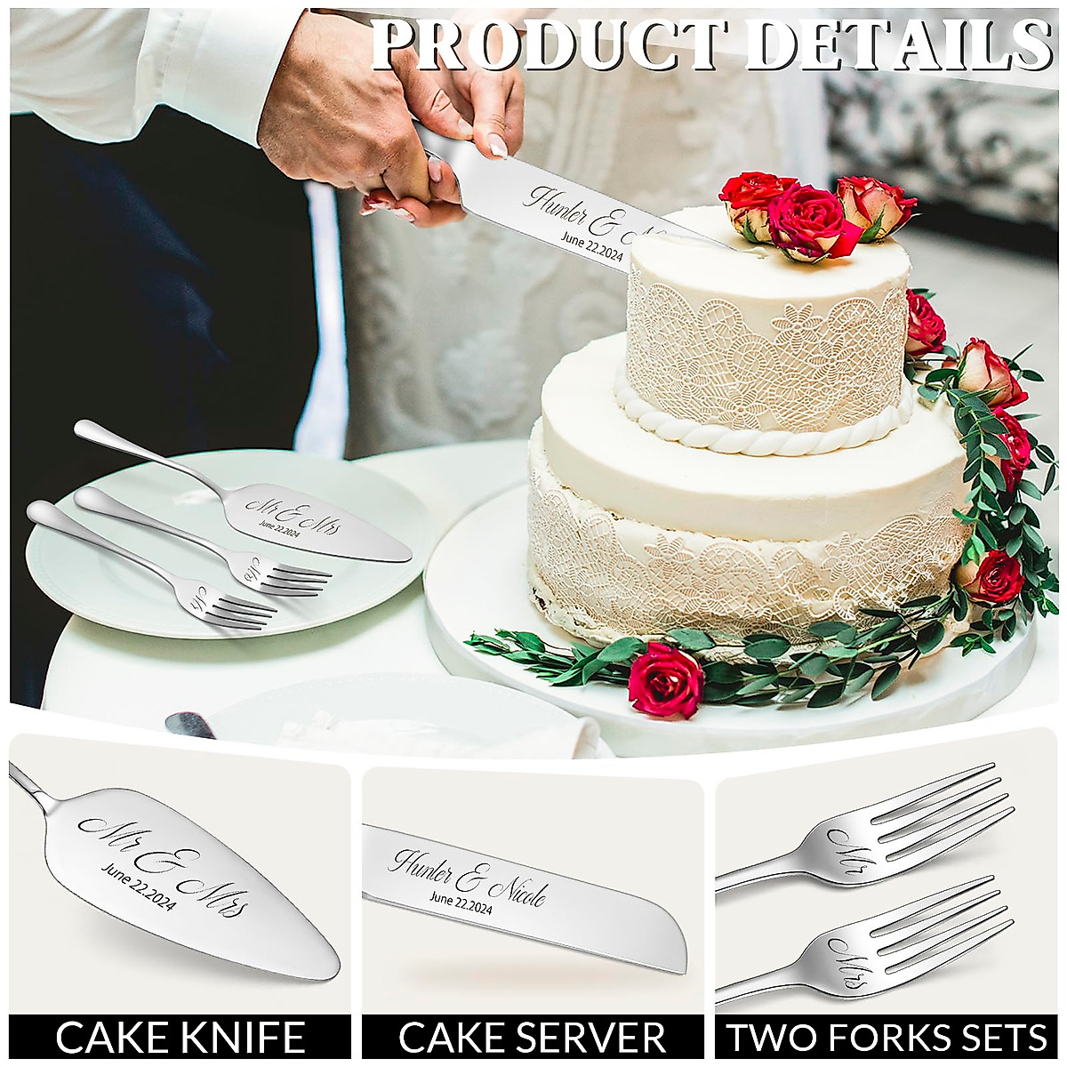 Cake Cutting Set for Wedding, Personalized Stainless Steel Cake Knife and Server Set, Vintage Engraved Pastry Pie Server Cake Pizza Cutter for Wedding, Birthday, Anniversary, Bridal Gift(Silver)