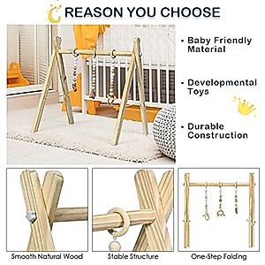 BABY JOY Portable Wooden Baby Gym, Foldable Baby Play Gym Frame with 3 Wooden Baby Teething Toys, Baby Exercise Activity Gym Hanging Bar Newborn Baby Gift (Natural)