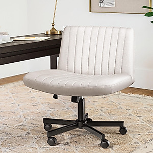 LEMBERI Criss Cross Chair with Wheels, Fabric Padded Armless Wide Seat Cross Legged Office Chair, Mid Back Swivel Computer Task Vanity Chairs for Home, Make Up,Small Space, Bed Room(Beige)