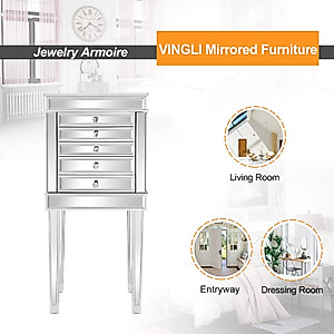 VINGLI Mirrored Jewelry Armoire, Mirror Jewelry Cabinet Standing with 6 Drawers & 2 Side Doors, Jewelry Armoire Cabinet, Standing Jewelry Box, Mirrored Jewelry Chest, Standing Jewelry Box, Silver