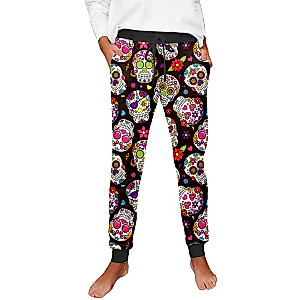 Women Halloween Sugar Skull Pajama Pants Day of The Dead Long Cotton Ankle Drawstring Joggers S