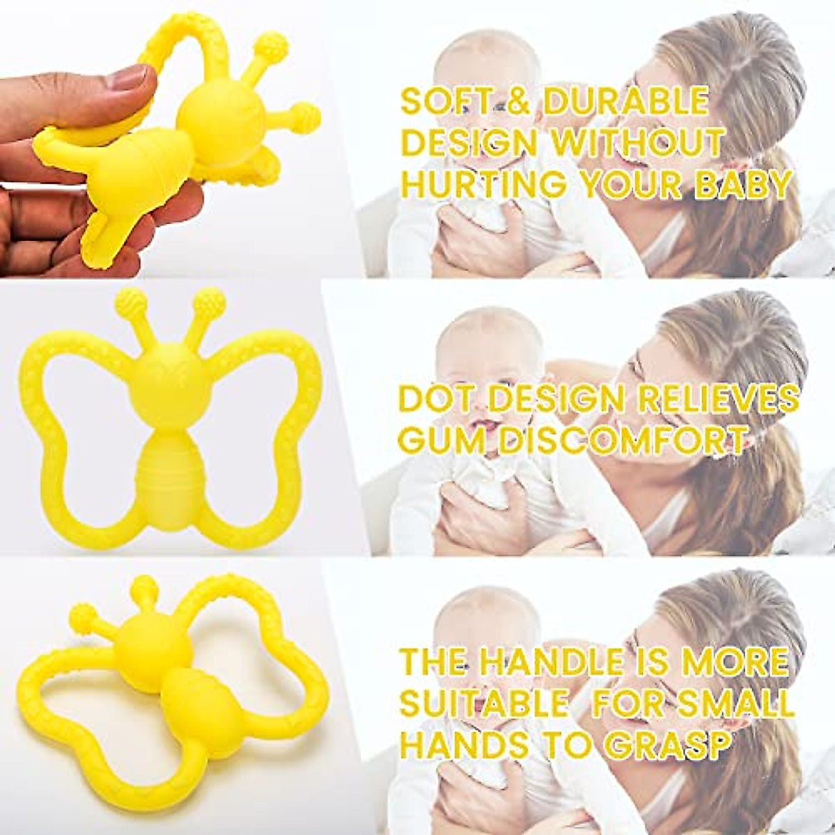 Baby Teething Toys, Butterfly Design Teether Pain Relief Toy for Newborn Babies, Freezer Safe Neutral Shower Gift, Soft Textured for Boy and Girl