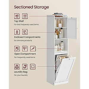 VASAGLE Tall Bathroom Cabinet with Laundry Basket, Removable Laundry Basket with Handles, Compartment with Door, Linen Tower, 15.8 x 15.8 x 66.9 Inches, Cloud White UBBC761W01