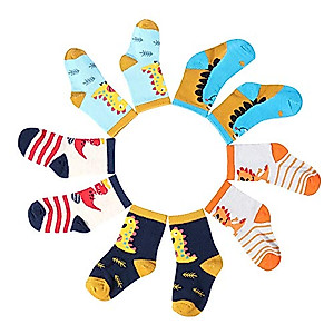 5 PACK Boys Dinosaur Socks, Cartoon Dino Pattern Cotton Crew Socks for Baby Toddler Little Kids, 3-8 Year Old Gift Set for Christmas