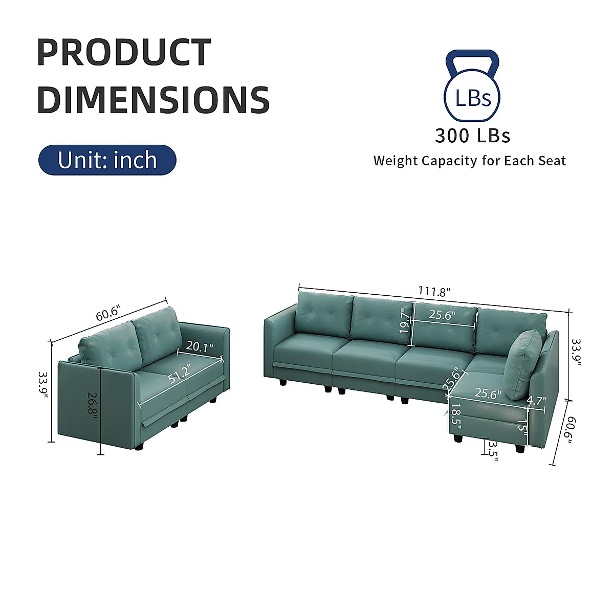 LLappuil Modular Sectional Sofa Faux Leather Fabric Convertible U Shaped Sofa 7 Seater Couch with Storage, Oversized Reversible 112 Inch Sectional Couches for Living Room, Office, Aqua Blue