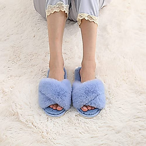 Evshine Women's Fuzzy Slippers Cross Band Memory Foam House Slippers Open Toe, Blue, Size 10-11