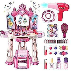 Pretend Play Girls Makeup Table Set with Stool，Open Doors by Gestures，Kids Vanity Set with Lights and Music，Toddler Beauty Salon Set with Makeup Accessories & Hair Dryer Toy for Toddlers 3-5 Years Old