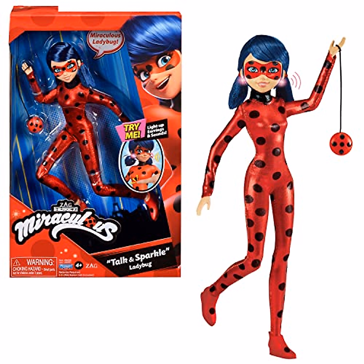 Miraculous Talk & Sparkle Ladybug Doll | 26cm Marinette Figure with Lights Sounds and Yoyo Accessory | Bandai Miraculous Ladybug Dolls Superhero Toys | Miraculous: Tales of Ladybug and Cat Noir Toys