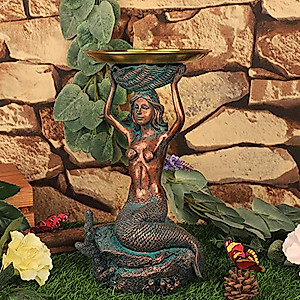 JUNIQUTE Outdoor Mermaid Statue,Mermaid Solar with Plates Garden Figurine,Mermaid Bird Bath Feeder,Mermaid Garden Decor for Patio Lawn Yard Display Decor(Bronze)