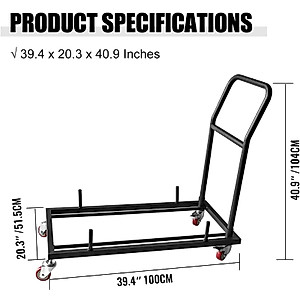 Black Folding Chair Cart Rolling Push Dolly, Commercial Grade Steel Frame, Storage Capacity 50 Chairs