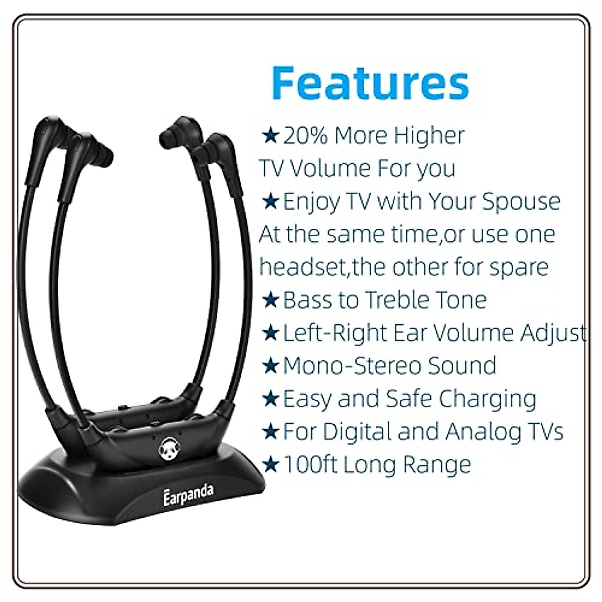 Earpanda Dual Wireless TV Headphones for Seniors - Hear TV Louder and Clearer with Tone and Balance Control - 100ft Long Range | Works with Two Users and Digital Smart and Analog Televisions