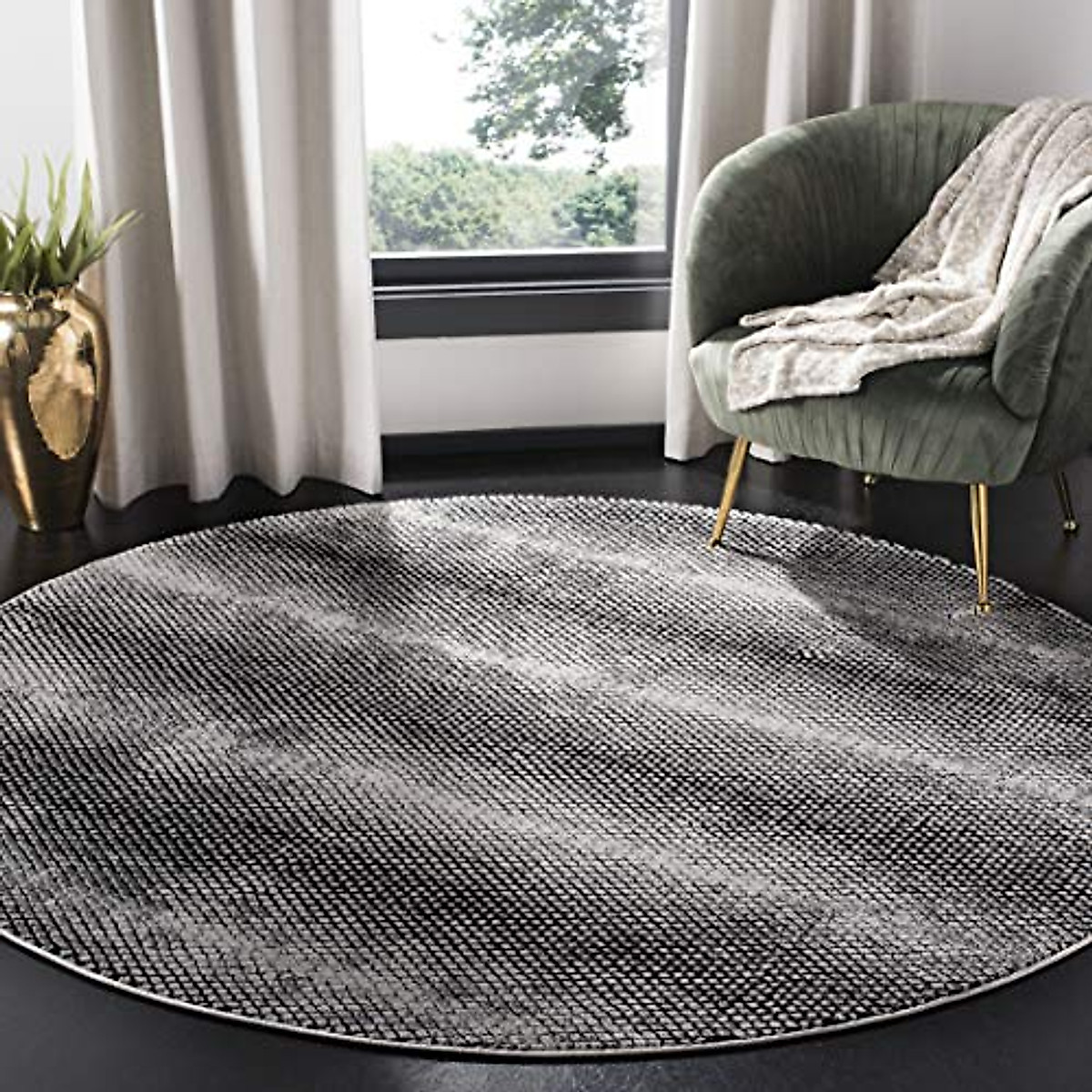 SAFAVIEH Lurex Collection Area Rug - 6'7" Round, Black & Ivory, Modern Abstract Design, Non-Shedding & Easy Care, Ideal for High Traffic Areas in Living Room, Bedroom (LUR186Z)