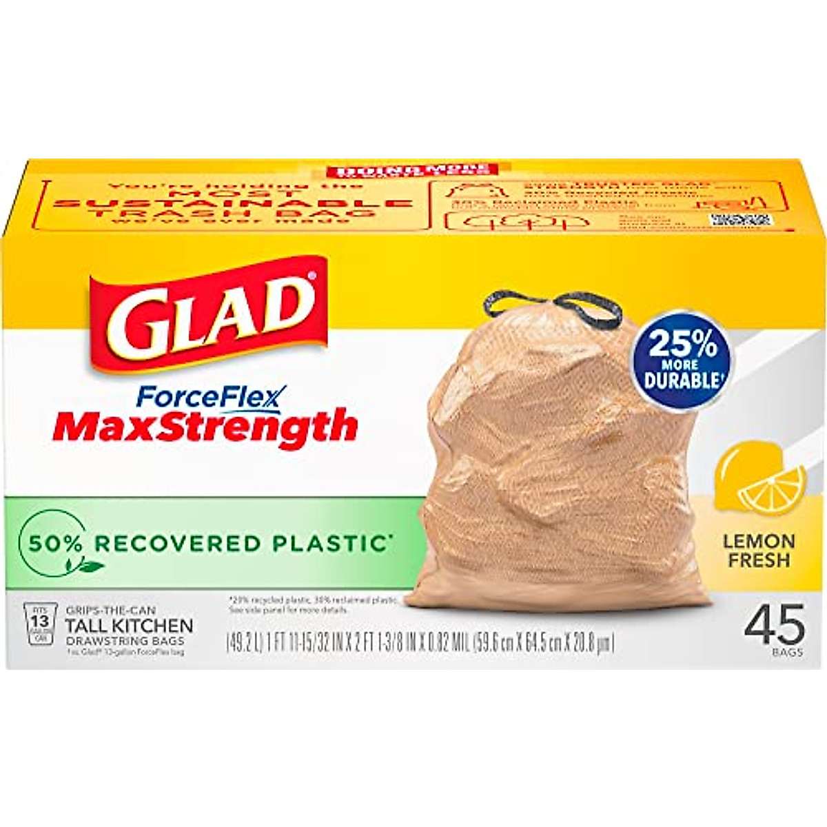 Glad ForceFlex MaxStrength Tall Kitchen Drawstring Trash Bags, 13 Gallon, 50% Recovered Plastic, Lemon Fresh, 45 Count
