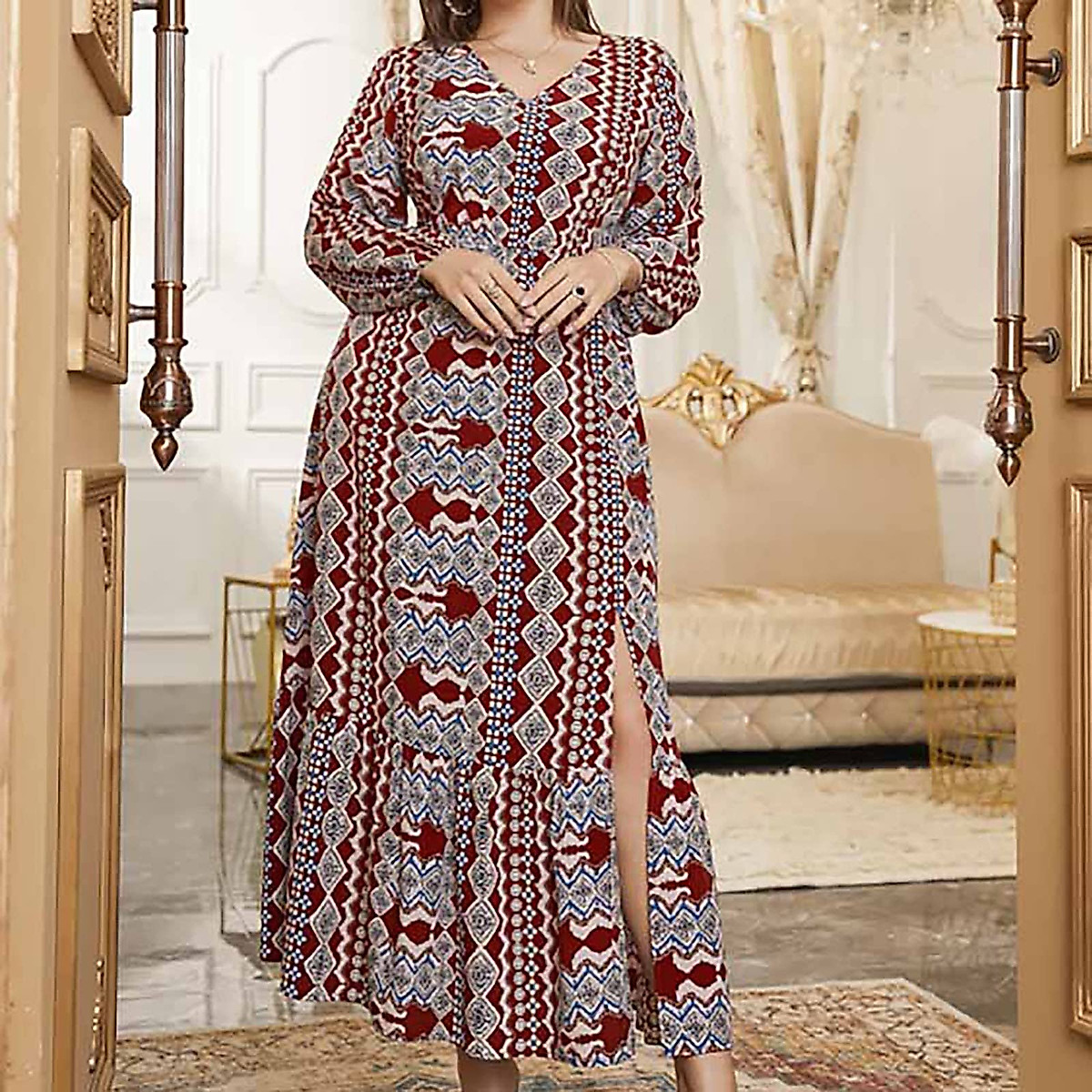 Dresses for Women Plus Size Women's Summer Casual V Neck Geometric Print Long Sleeved Loose Elastic Waist Dress Long Red