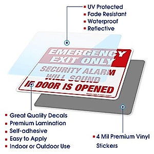 Emergency Exit Only Sticker, Emergency Exit Only - Security Alarm Will Sound If Door Is Opened Label, 2 Pack, 10 x 7 inch Self-Adhesive Vinyl Decal Stickers, Reflective, UV Protected, Waterproof