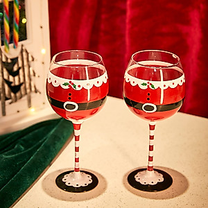 Santa's Elf Stemmed Wine & Water Glasses - Set of 2 - Shining Red & Black, 9" H - Christmas & Holiday Parties Glassware - Xmas Tree - Set of 2, 17.5oz - Santa Festive Glass - Great Gift!