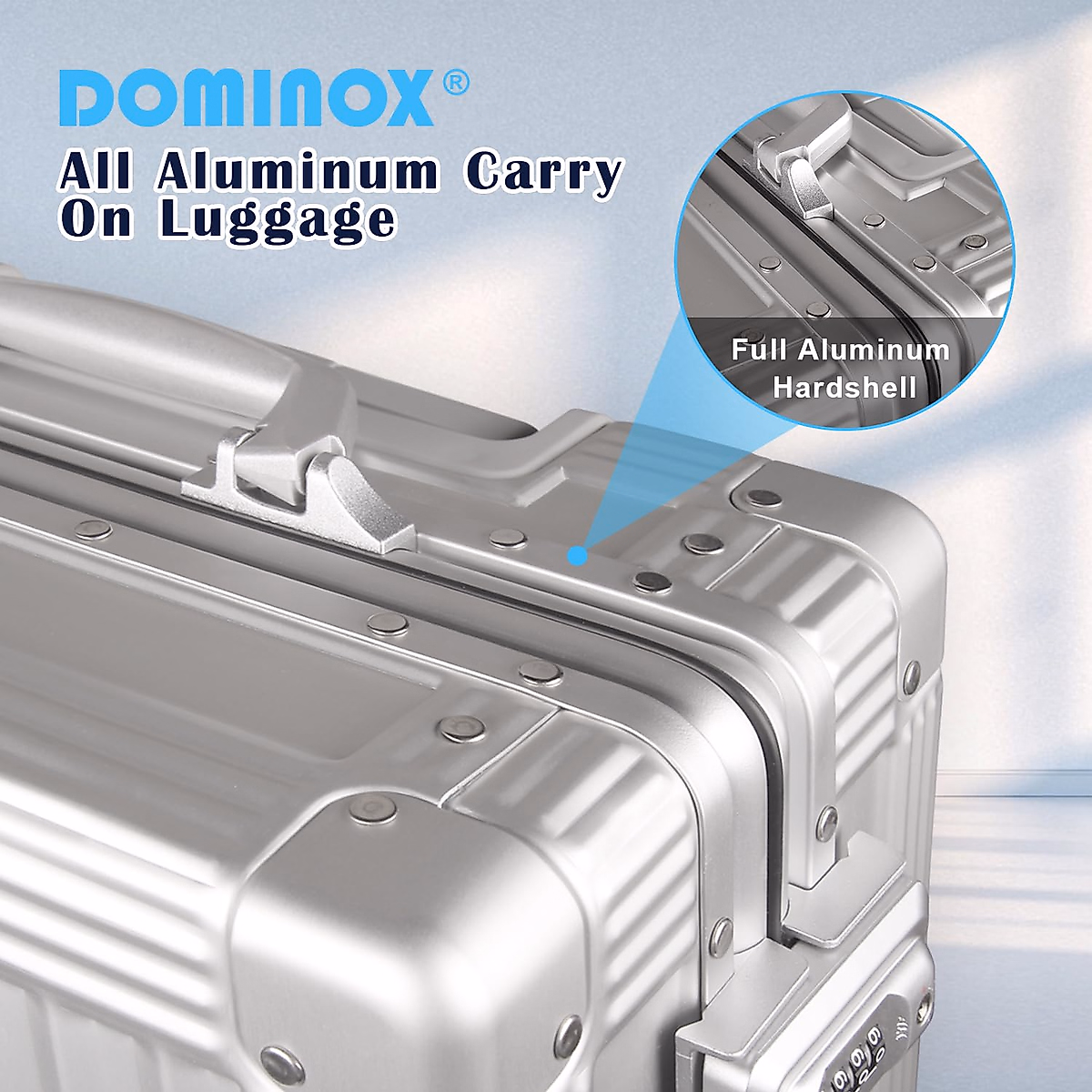 DOMINOX All Aluminum Carry On Luggage Hard Shell Luggage Aluminum Suitcase for Travel Zipperless Luggage Checked Luggage with Silent 360° Spinner Wheels 26 In. (Vertical Grain Style, Sliver)