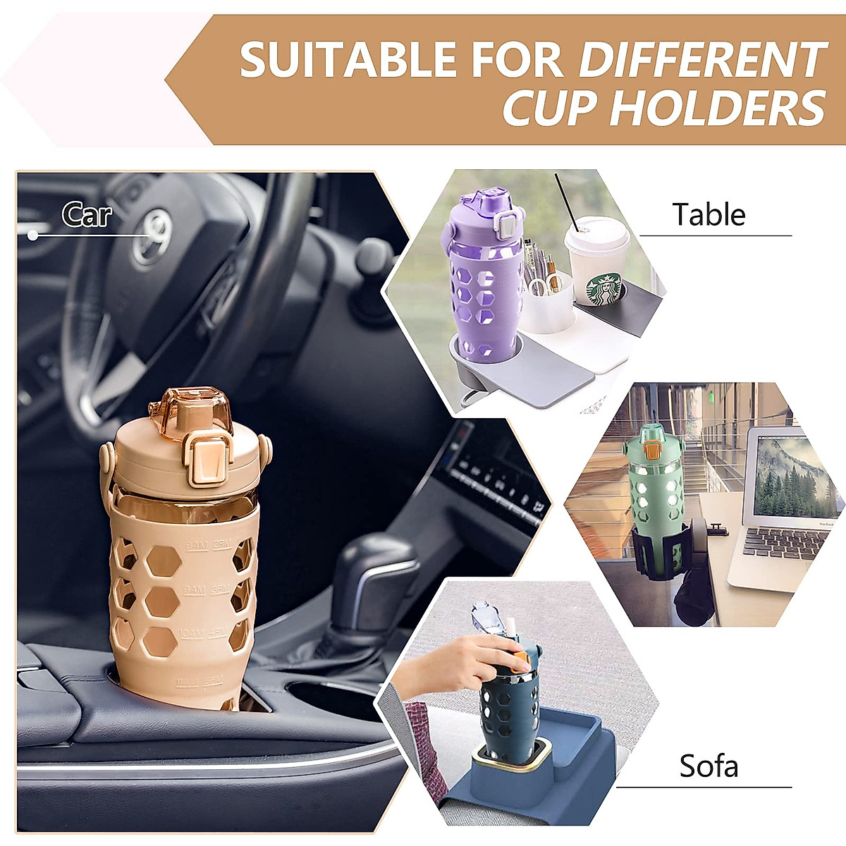 MUKOKO 32oz Glass Tumbler with Straw and Lid,Glass Water Bottles with Time Marker,Iced Coffee Cup,Silicone Sleeve,Leakproof,BPA Free-Amber