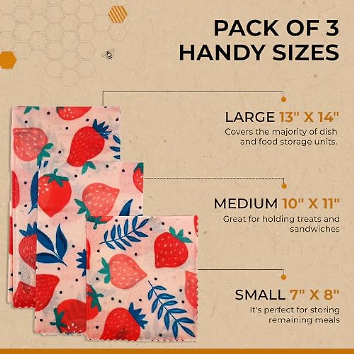 Nacterra 10 Pack Bees Wax Wraps Reusable, Organic Beeswax Wraps for Food, Eco-friendly Beeswax Food Wrap for Bread. Bowl Cover and Produce, Beeswax Sandwich Wraps - 3L, 3M, 4S, Strawberry Pattern