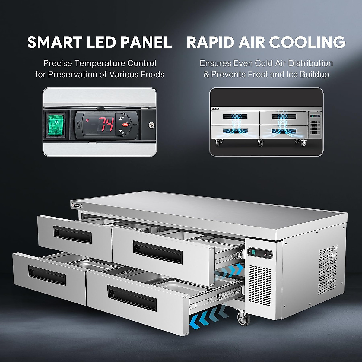 Wilprep Refrigerated Chef Base, 72" 4 Drawer Commercial Chef Base Refrigerator with 12 Stainless Steel GN Pans, Commercial Kitchen Equipment Stand Refrigerator