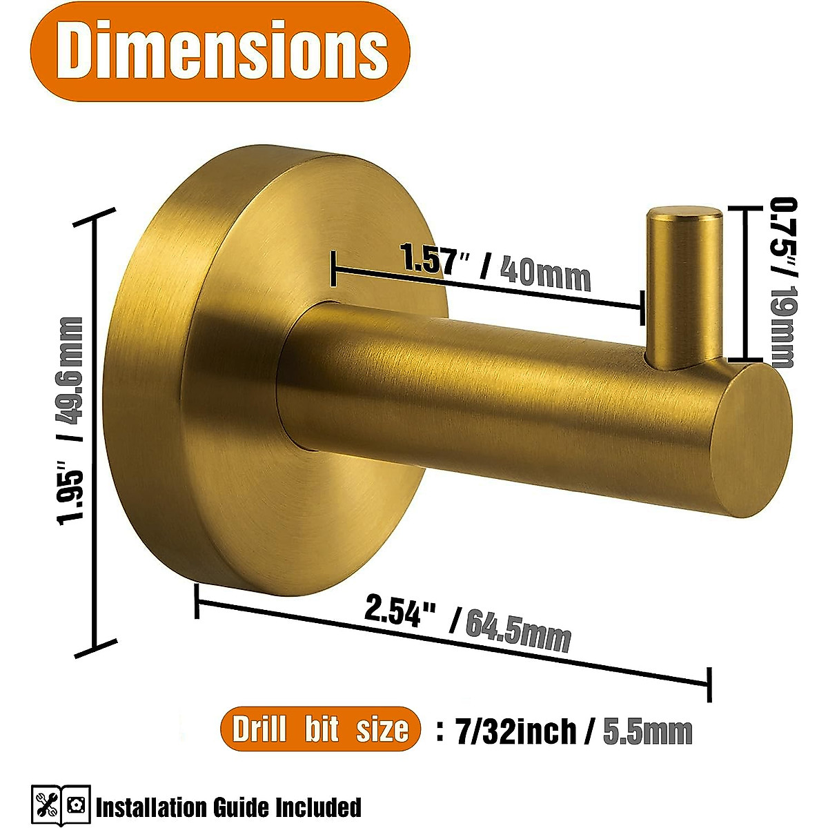 HITSLAM Gold Towel Hooks for Bathroom Wall Mounted, Brushed Brass Wall Mount Hooks Heavy Duty Premium SUS 304 Stainless Steel Rustproof 2 Pack