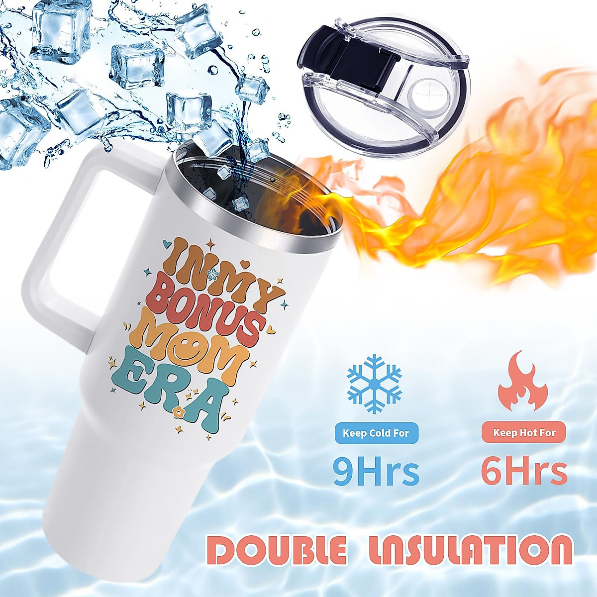 Bonus Mom Tumbler with Handle, Bonus's Moms Gifts - 40 oz In My Bonus Mom Cups Tumbler with Straw and Lid - Unique Mother In Law Birthday Gifts for Mothers Day Christmas for Step Moms Gift